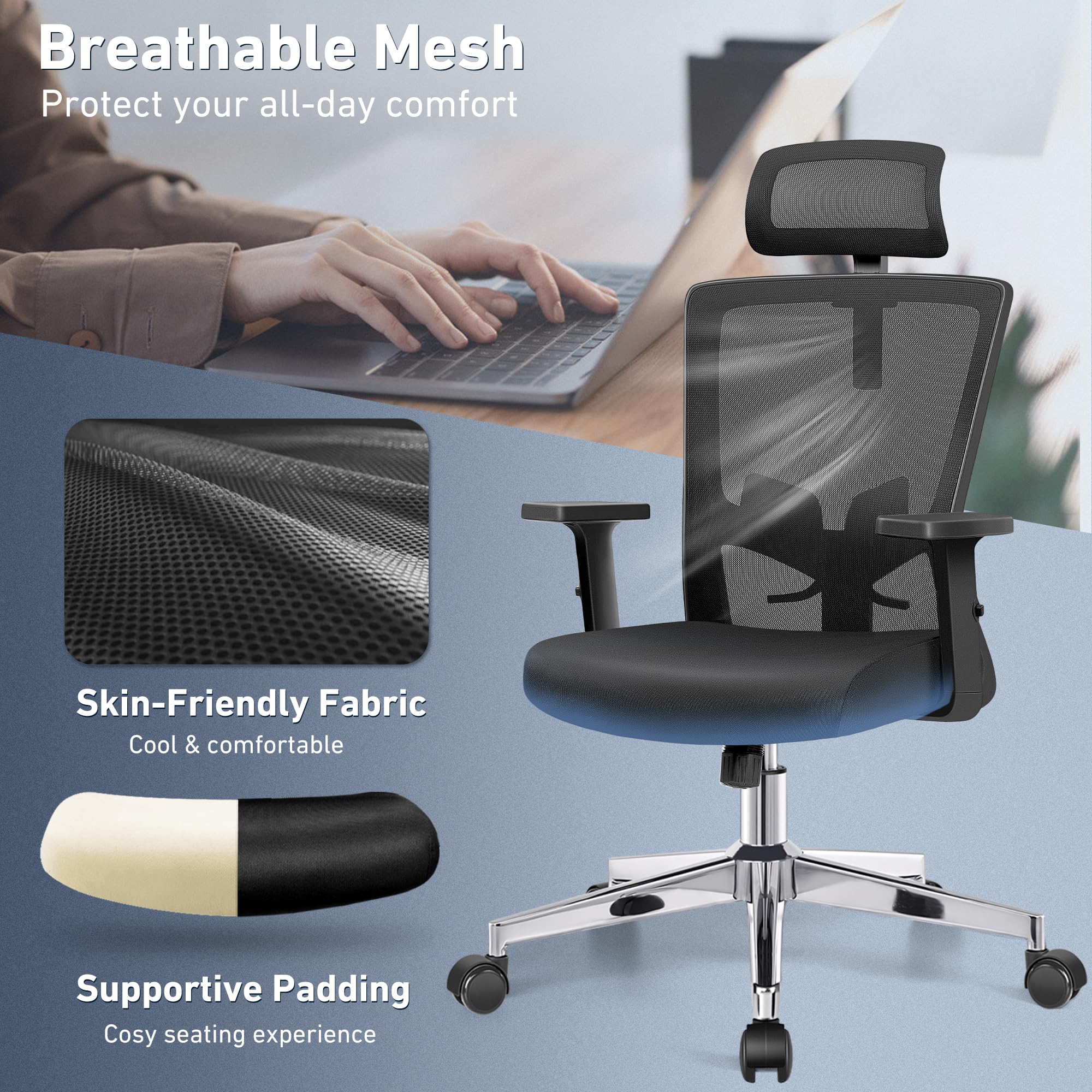 Brick Attic Office Chair, Ergonomic Desk Chair High Back Computer Chair Swivel Mesh Task Chair with Adjustable Lumbar Support Armrests Headrest Black