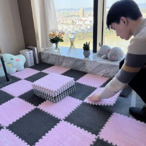 washable plush interlocking foam puzzle floor carpet tiles with border- 16pcs eva fuzzy soft foam square floor play mat anti-slip climbing area rugs f(size:12x12x0.24in,color:light gray + pink)