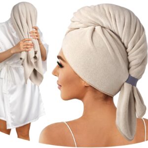 umisleep 100% microfiber hair towel, 41" x 22" super absorbent hair care towel, ultra soft hair towel wrap with elastic loop, large curly hair towel for women long, thick hair, camel