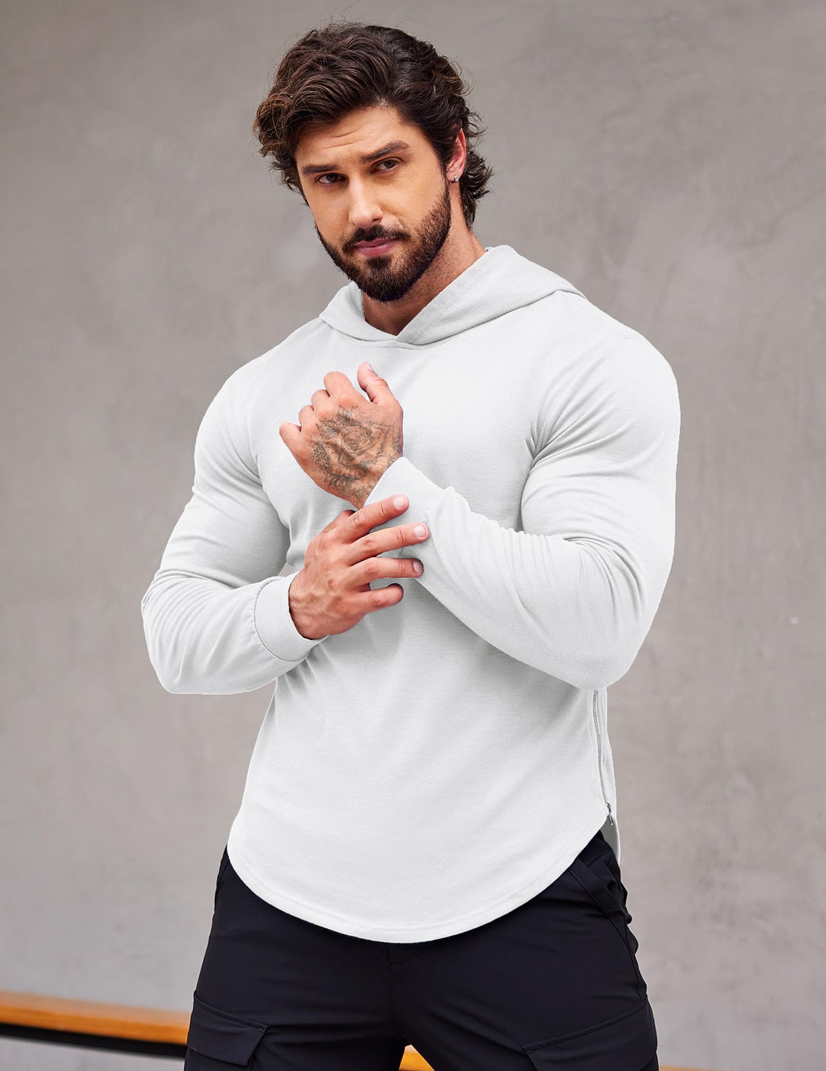 COOFANDY Men's Hooded Sweatshirt Long Sleeve Muscle Fit Stretch Fashion Active Gym Hoodie for Men, White, Large