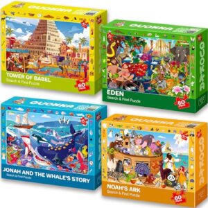 quokka 60 piece kids puzzles ages 5-8 - set of 4 bible jigsaw puzzles for kids 4-6-10 year old - tower of babel | noah`s ark | eden toys for children 5-7 yo - christian gifts for boys & girls