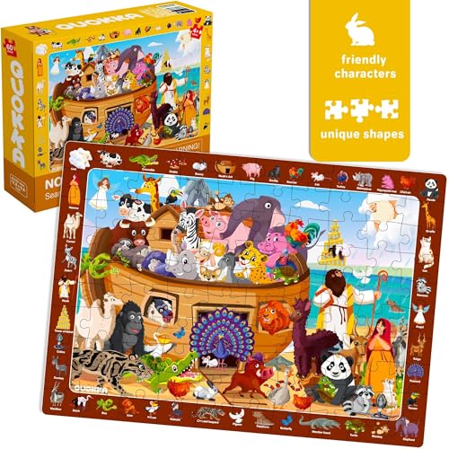 QUOKKA 60 Piece Kids Puzzles Ages 5-8 - Set of 4 Bible Jigsaw Puzzles for Kids 4-6-10 Year Old - Tower of Babel | Noah`s Ark | Eden Toys for Children 5-7 yo - Christian Gifts for Boys & Girls