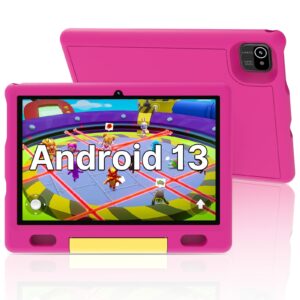 apolosign kids tablet 10 inch, android 13 tablet for kids, 2+32gb storage, pre-installed educational apps with ad-free contents and parental control, 5000mah battery, eva shockproof case - pink