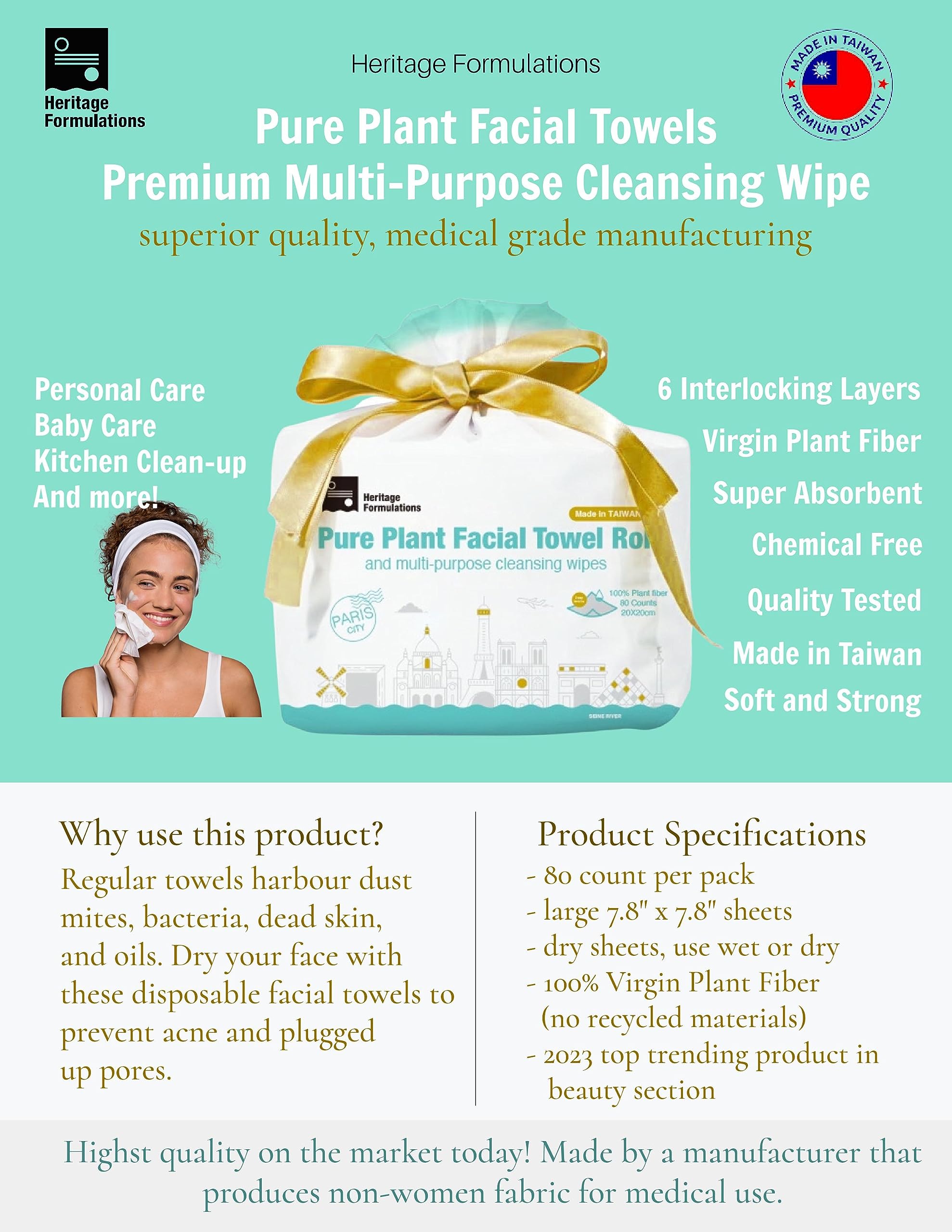 Premium Quality Plant-based Disposable Facial Wipes - 240 Ct, Soft, Baby Wipes, Cleansing Facial Towelette, Makeup remover wipes, Ultra Absorbent and Durable, Chemical-Free Lint-free