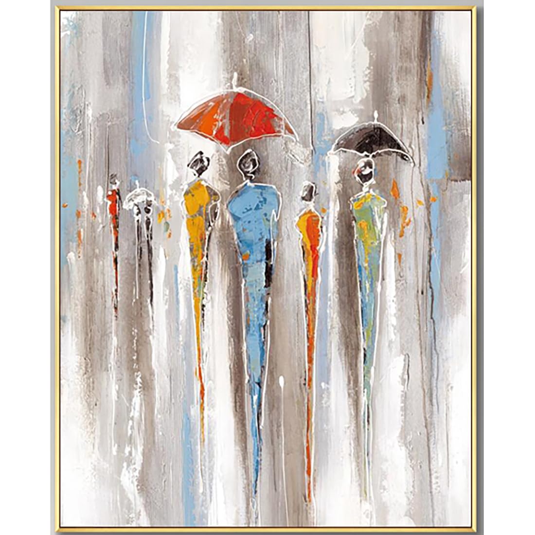 Abstract People in The Rain with Umbrellas Hand Painted Oil Painting On Canvas Abstract Wall for Living Room,31inx47in,No Frame