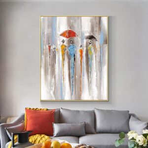 Abstract People in The Rain with Umbrellas Hand Painted Oil Painting On Canvas Abstract Wall for Living Room,31inx47in,No Frame