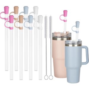 8 straws with cover cap for stanley tumbler replacement - reusable straw with stopper tips, perfect for stanley cup with handle h2.0, 14, 20, 30, 40oz accessories (d_8 clear straws + 8 tumbler covers)