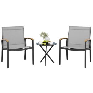 shintenchi 3 pieces outdoor patio bistro sets, textilene fabric small patio furniture set, front porch chairs conversation set with table for lawn, garden, balcony, poolside (light gray)