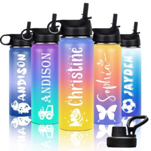 lucky anda personalized water bottles for kids w/straw | spout lid, 18|32 oz custom name cute stainless steel school boys girls water bottle w/handle, customized modern i children insulated water cup