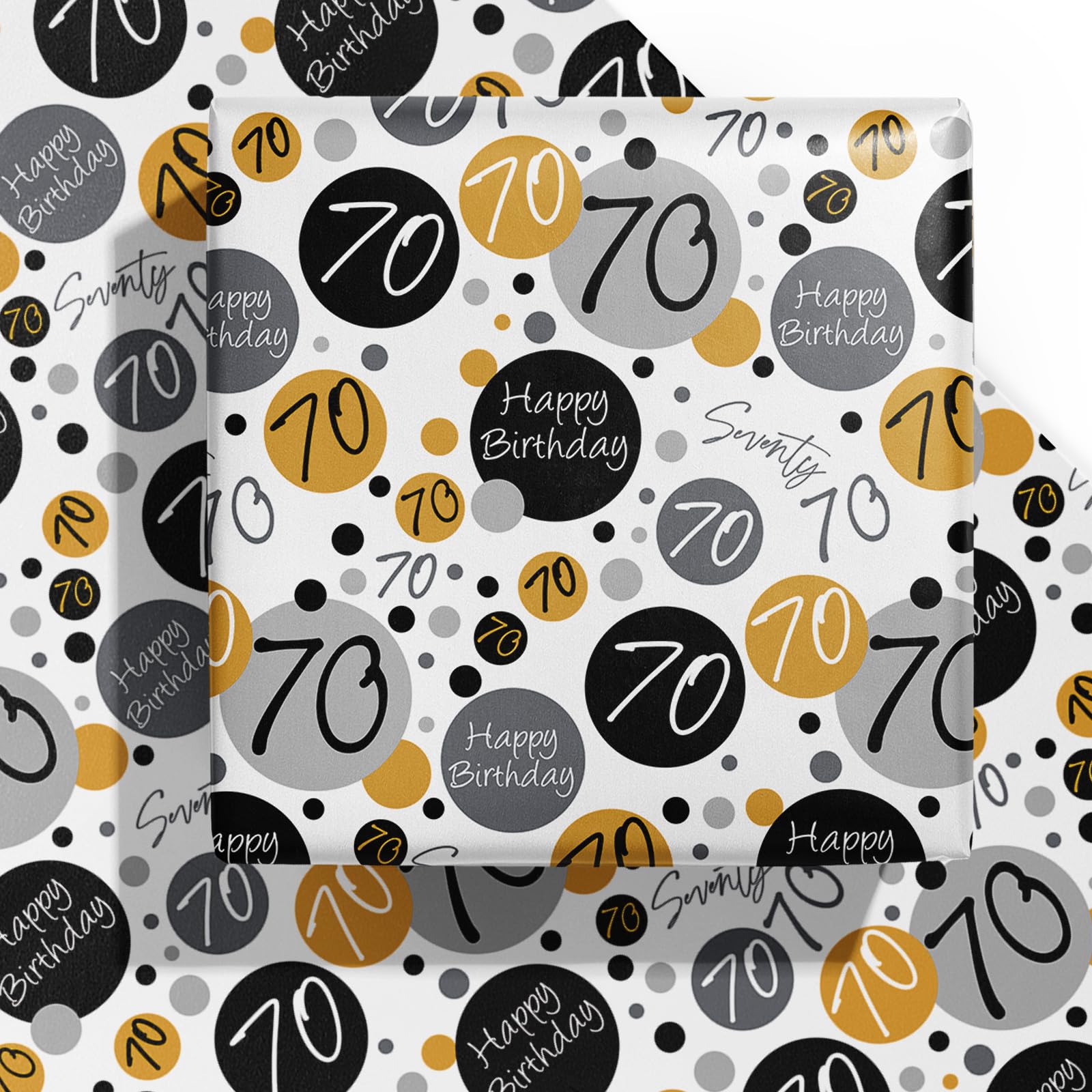 WRAPAHOLIC Birthday Wrapping Paper Sheet - 6 Sheets Black 70th Birthday Design Folded Flat for Birthday, Party, Baby Showers - 19.7 Inch X 27.5 Inch Per Sheet