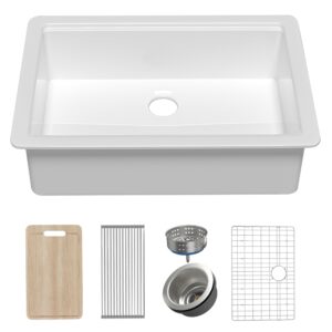 miuara white workstation kitchen sink 33 inch - large undermount kitchen sink 33"x22", 9" deep white kitchen sink drop in, single bowl topmount fireclay sink for kitchen, with 4 custom accessories