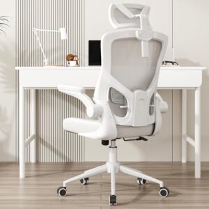 𝑯𝑶𝑴𝑬 𝑶𝑭𝑭𝑰𝑪𝑬 𝑪𝑯𝑨𝑰𝑹, ergonomic mesh desk chair, high back computer chair- adjustable headrest with flip-up arms, lumbar support, swivel executive task chair (modern, white)