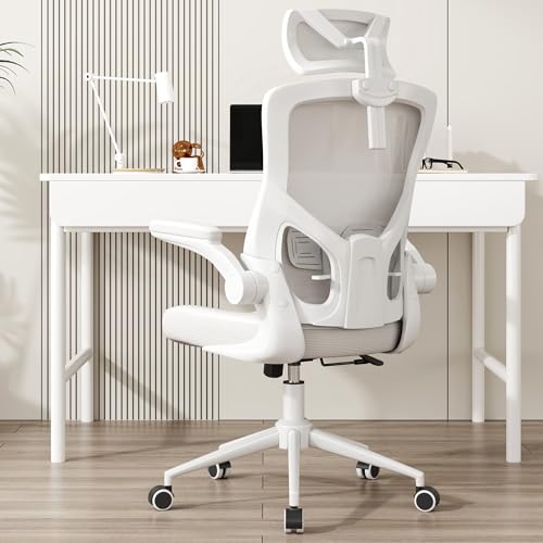 𝑯𝑶𝑴𝑬 𝑶𝑭𝑭𝑰𝑪𝑬 𝑪𝑯𝑨𝑰𝑹, Ergonomic Mesh Desk Chair, High Back Computer Chair- Adjustable Headrest with Flip-Up Arms, Lumbar Support, Swivel Executive Task Chair (Modern, White)