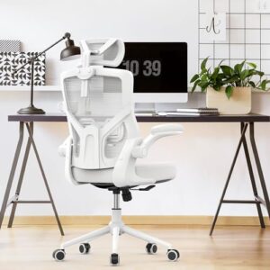 𝑯𝑶𝑴𝑬 𝑶𝑭𝑭𝑰𝑪𝑬 𝑪𝑯𝑨𝑰𝑹, Ergonomic Mesh Desk Chair, High Back Computer Chair- Adjustable Headrest with Flip-Up Arms, Lumbar Support, Swivel Executive Task Chair (Modern, White)