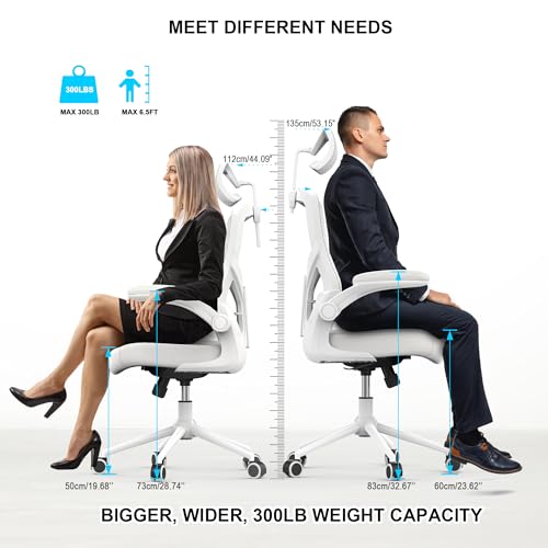 𝑯𝑶𝑴𝑬 𝑶𝑭𝑭𝑰𝑪𝑬 𝑪𝑯𝑨𝑰𝑹, Ergonomic Mesh Desk Chair, High Back Computer Chair- Adjustable Headrest with Flip-Up Arms, Lumbar Support, Swivel Executive Task Chair (Modern, White)