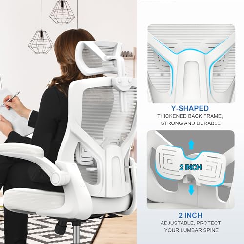 𝑯𝑶𝑴𝑬 𝑶𝑭𝑭𝑰𝑪𝑬 𝑪𝑯𝑨𝑰𝑹, Ergonomic Mesh Desk Chair, High Back Computer Chair- Adjustable Headrest with Flip-Up Arms, Lumbar Support, Swivel Executive Task Chair (Modern, White)