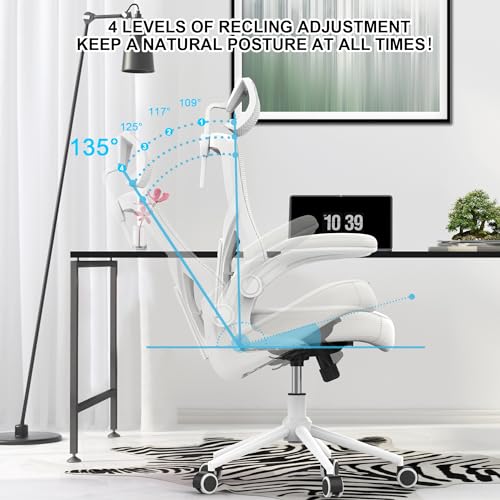 𝑯𝑶𝑴𝑬 𝑶𝑭𝑭𝑰𝑪𝑬 𝑪𝑯𝑨𝑰𝑹, Ergonomic Mesh Desk Chair, High Back Computer Chair- Adjustable Headrest with Flip-Up Arms, Lumbar Support, Swivel Executive Task Chair (Modern, White)