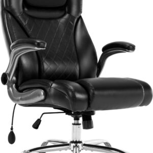 Seevoo Executive Office Chair Desk Swivel Chair High Back Computer Chair - Adjustable Lumbar Support with Flip-Up Arms PU Leather Chair with Spring Cushion (Black)