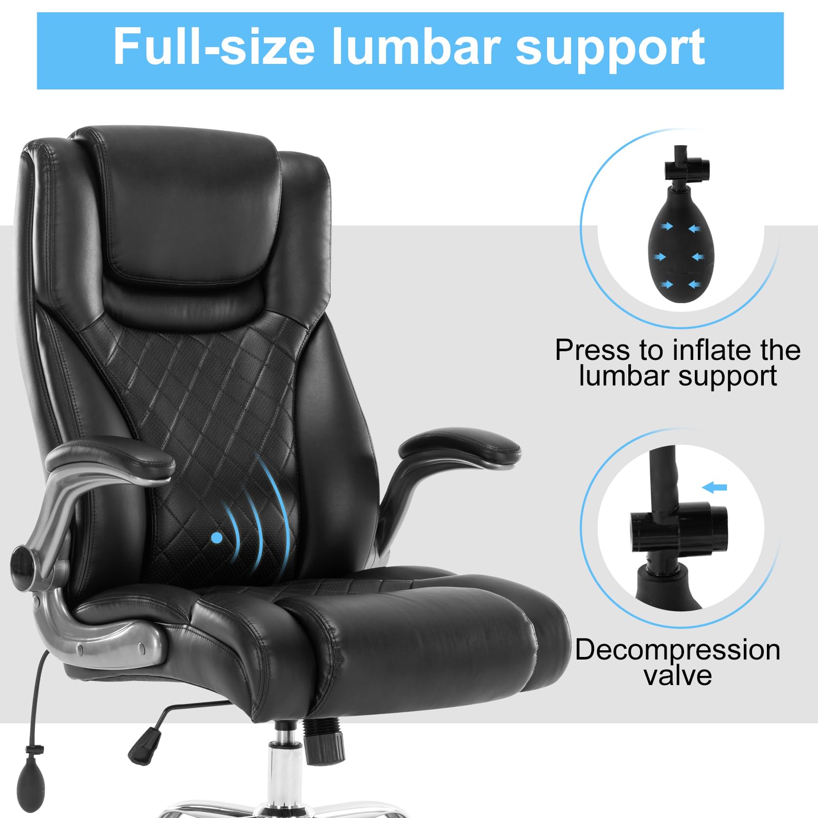 Seevoo Executive Office Chair Desk Swivel Chair High Back Computer Chair - Adjustable Lumbar Support with Flip-Up Arms PU Leather Chair with Spring Cushion (Black)