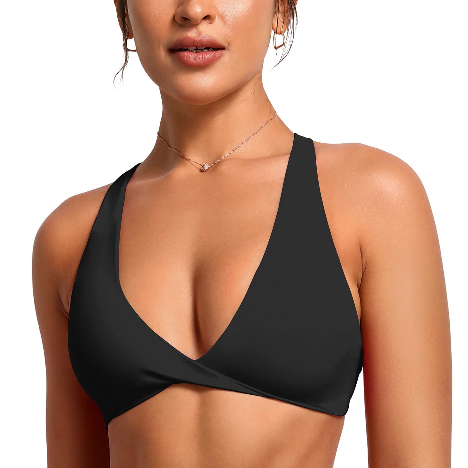 VANTONIA Womens Butterluxe Twist Front Sports Bra Deep V-Neck Crop Top Strappy Cross Back Bra with Nipple Covers-Vivi Bra Black Medium