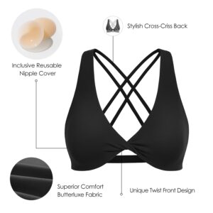 VANTONIA Womens Butterluxe Twist Front Sports Bra Deep V-Neck Crop Top Strappy Cross Back Bra with Nipple Covers-Vivi Bra Black Medium