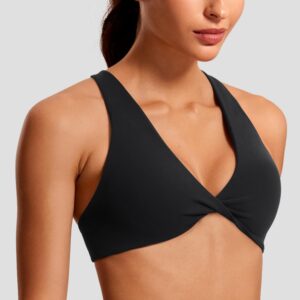 VANTONIA Womens Butterluxe Twist Front Sports Bra Deep V-Neck Crop Top Strappy Cross Back Bra with Nipple Covers-Vivi Bra Black Medium