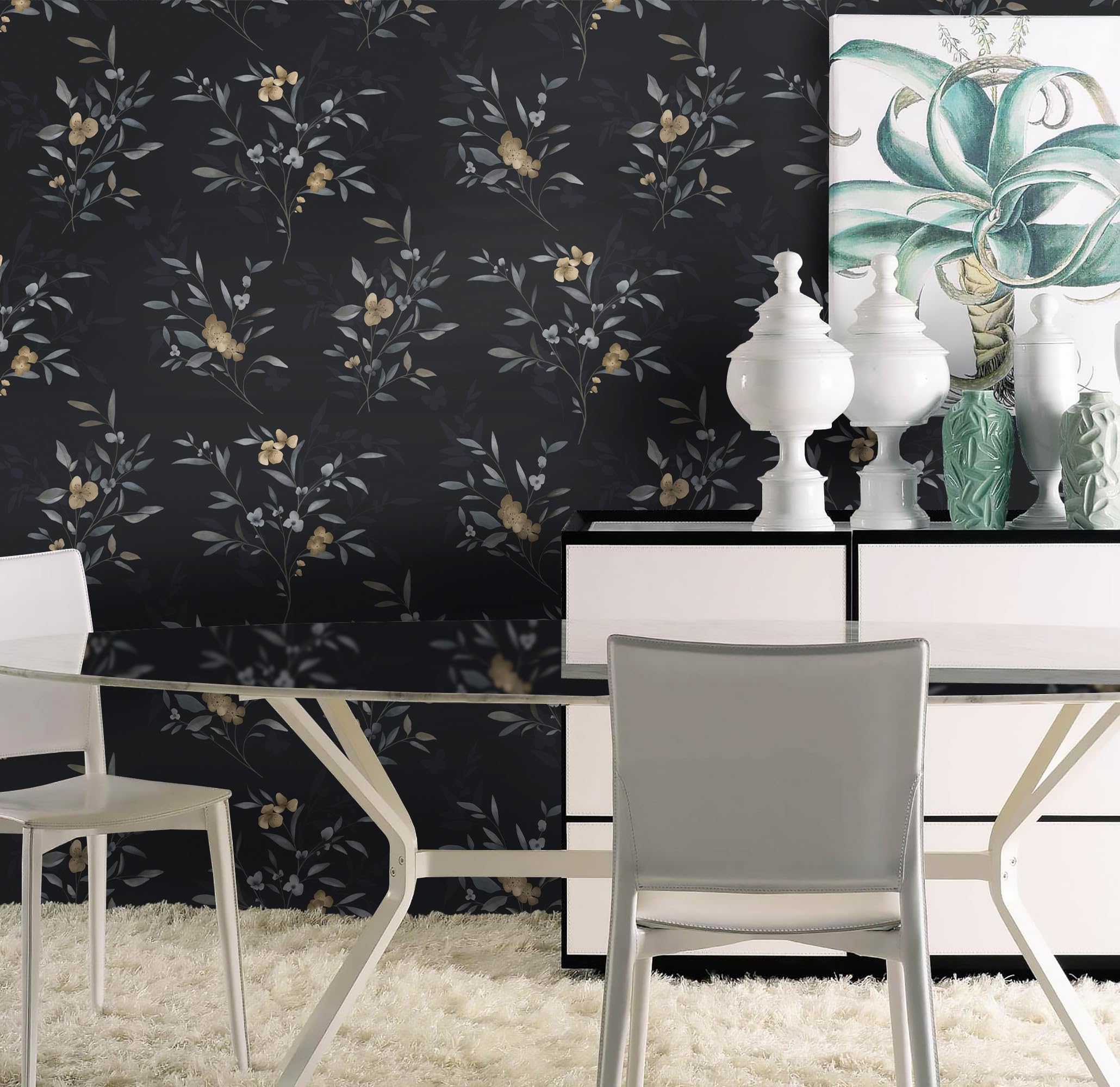 Feisoon Black and Gold Wallpaper Flower Wallpaper Floral Leaf Contact Paper Self Adhesice Wallpaper 16.14"x78.7" Waterproof Contact Paper Removable Wallpaper for Furniture Cabinet Stair Wall Decor