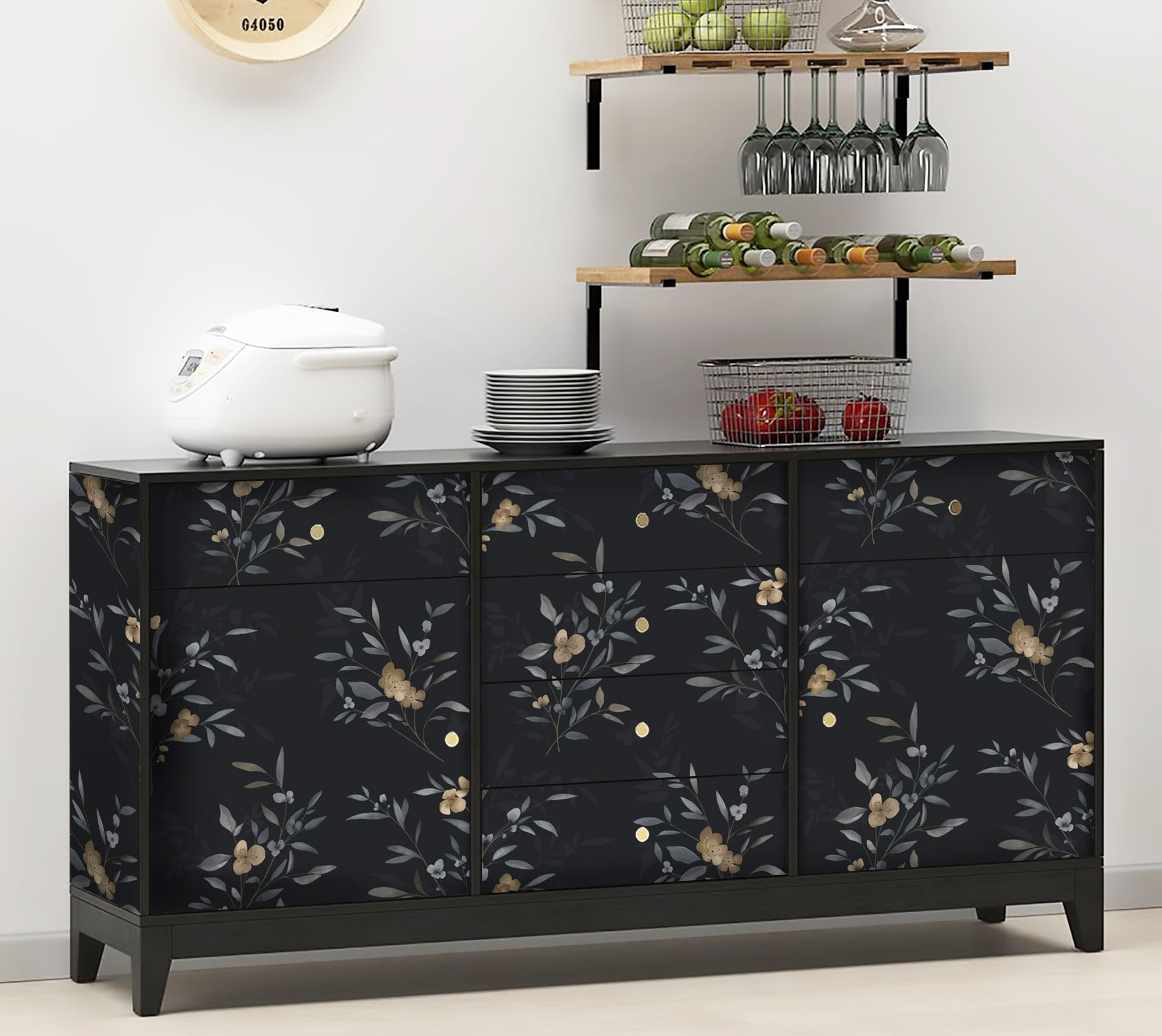 Feisoon Black and Gold Wallpaper Flower Wallpaper Floral Leaf Contact Paper Self Adhesice Wallpaper 16.14"x78.7" Waterproof Contact Paper Removable Wallpaper for Furniture Cabinet Stair Wall Decor