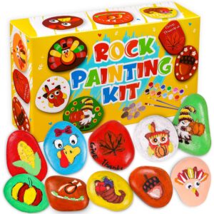 fall/thanksgiving rock painting kit - arts and crafts for kids ages 8-12 - includes diy stones, water paint, tattoos, party favors/birthday gifts/toys/creativity classroom activity for girls boys