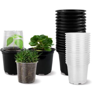 raookif small nursery pots (15 pcs 4" black pot+15 pcs 3.5" clear pot), 30 pack small plant pots with drainage holes, nursery pots with clear humidity dome