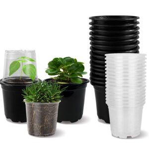 RAOOKIF Small Nursery Pots (15 Pcs 4" Black Pot+15 Pcs 3.5" Clear Pot), 30 Pack Small Plant Pots with Drainage Holes, Nursery Pots with Clear Humidity Dome