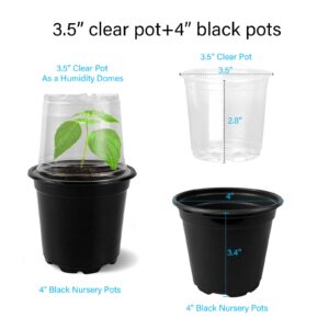 RAOOKIF Small Nursery Pots (15 Pcs 4" Black Pot+15 Pcs 3.5" Clear Pot), 30 Pack Small Plant Pots with Drainage Holes, Nursery Pots with Clear Humidity Dome