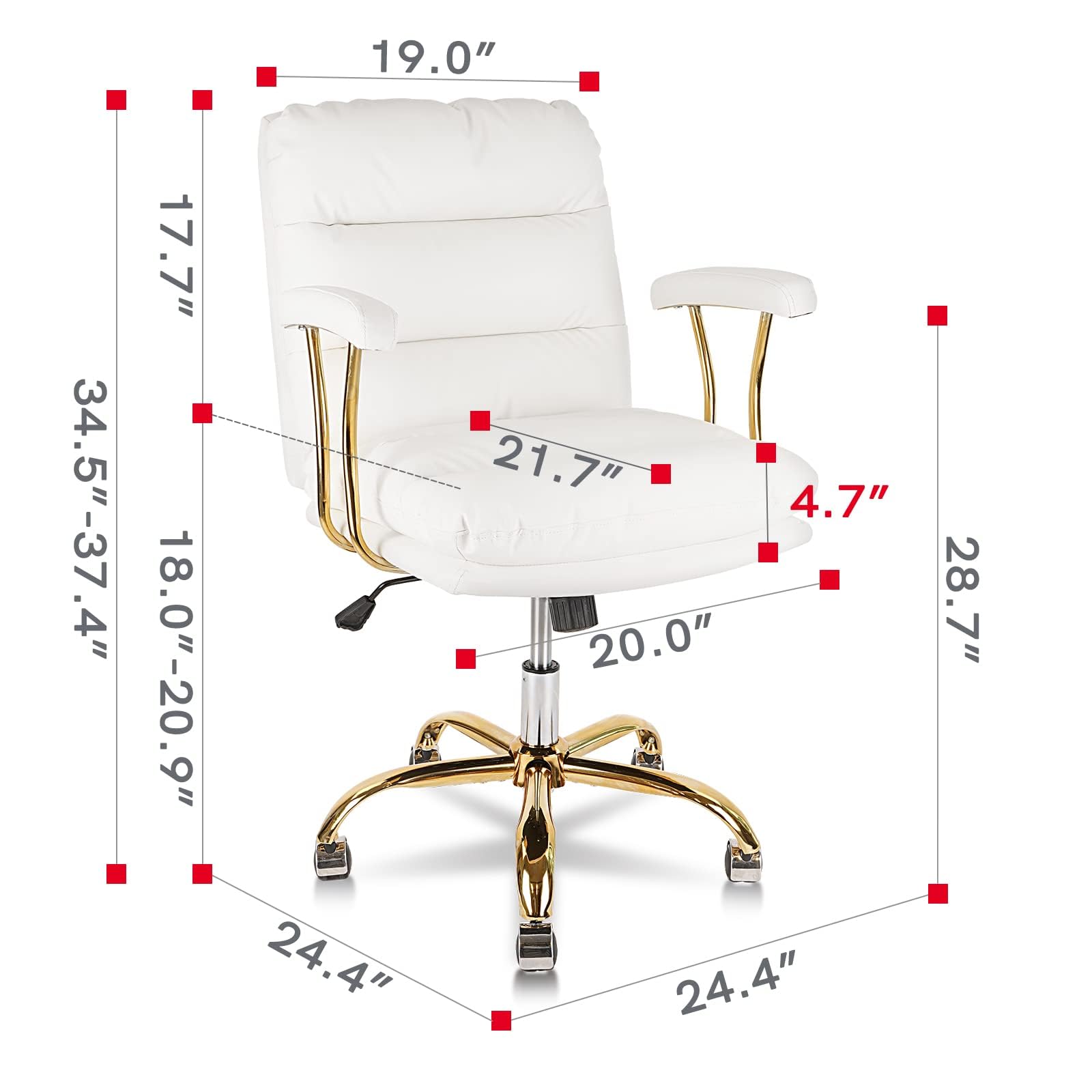 KLASIKA 2 Pack Ergonomic Office Desk Chair for Heavy People with Wheels and Arms, Faux Leather Computer Chair for Home Bedroom Office, White Chair Gold Caster