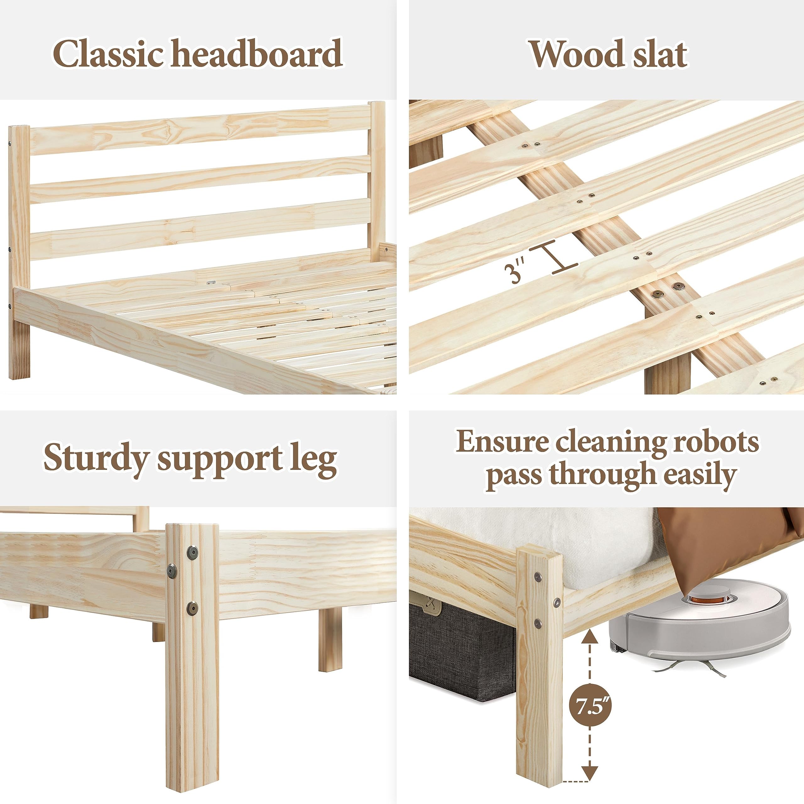 Yaheetech Queen Bed Frame Solid Pine Wood Platform Bed with Paneled Headboard, Wicklow Style/Wooden Slats Support/Noise-Free/7.5 inch Space Underneath/No Box Spring Need/Easy Assembly, Wood Queen Bed