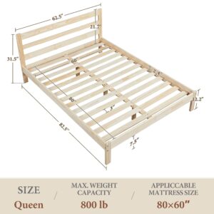 Yaheetech Queen Bed Frame Solid Pine Wood Platform Bed with Paneled Headboard, Wicklow Style/Wooden Slats Support/Noise-Free/7.5 inch Space Underneath/No Box Spring Need/Easy Assembly, Wood Queen Bed