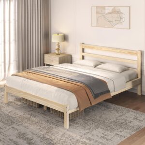 Yaheetech Queen Bed Frame Solid Pine Wood Platform Bed with Paneled Headboard, Wicklow Style/Wooden Slats Support/Noise-Free/7.5 inch Space Underneath/No Box Spring Need/Easy Assembly, Wood Queen Bed