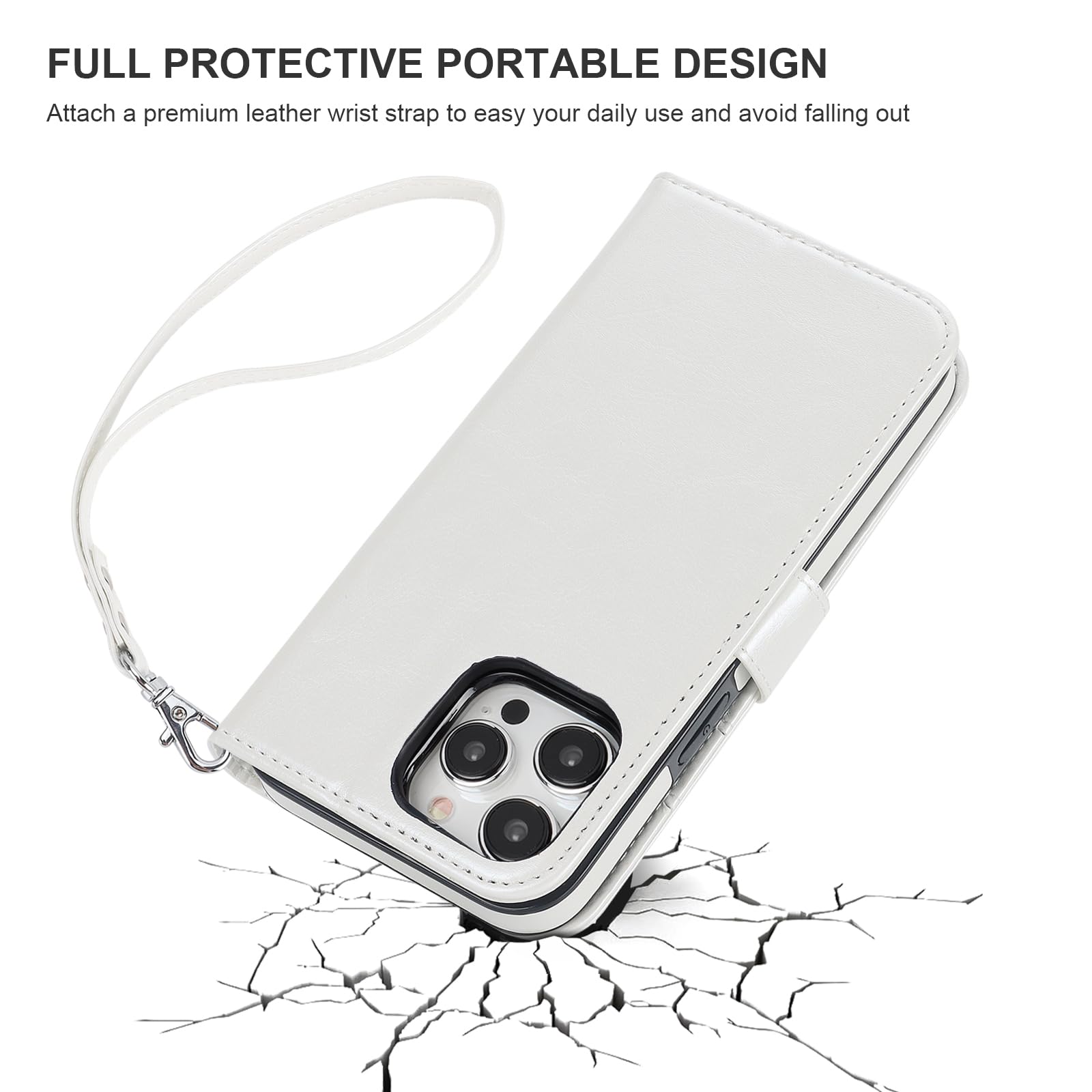 Bocasal Detachable Wallet Case for iPhone 15 Pro Max RFID Blocking Card Slots Holder Premium PU Leather Magnetic Kickstand Shockproof Wrist Strap Removable Flip Protective Cover 5G 6.7 inch (White)