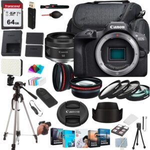 canon eos r100 mirrorless camera with 50-1.8mm lens + bag + tripod + software + filters + 64 gig card (30pc bundle kit) (renewed)