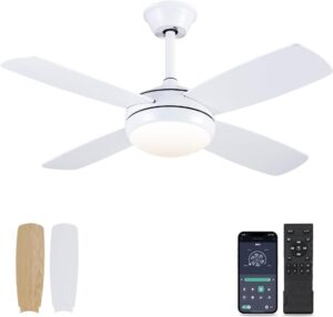 asyko 42" ceiling fans with lights, white modern ceiling fan with remote and app control, 6 speed and memory function, low profile ceiling fan light for bedroom, living room, dinning room…