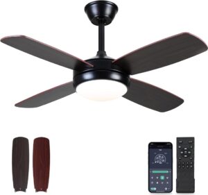 asyko ceiling fans with lights - 42" black outdoor ceiling fan with light and remote, dimmable and reversible motor, modern low profile ceiling fan lights for indoor bedroom/outdoor covered patio…