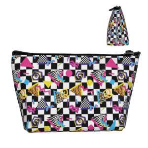 women's lightweight makeup bag pouch compatible with black and white checkered retro 80s 90s, funny travel cosmetic bag portable pencil bag with zip for office college christmas gift