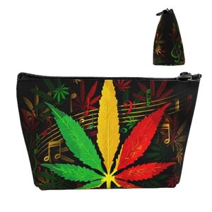 women's lightweight makeup bag pouch compatible with rasta flag weedleaf leaves reggae music, funny travel cosmetic bag portable pencil bag with zip for office college christmas gift