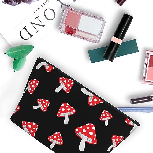 Women's Lightweight Makeup Bag Pouch Compatible with Black Red Cartoon Mushroom, Funny Travel Cosmetic Bag Portable Pencil Bag with Zip for Office College Christmas Gift