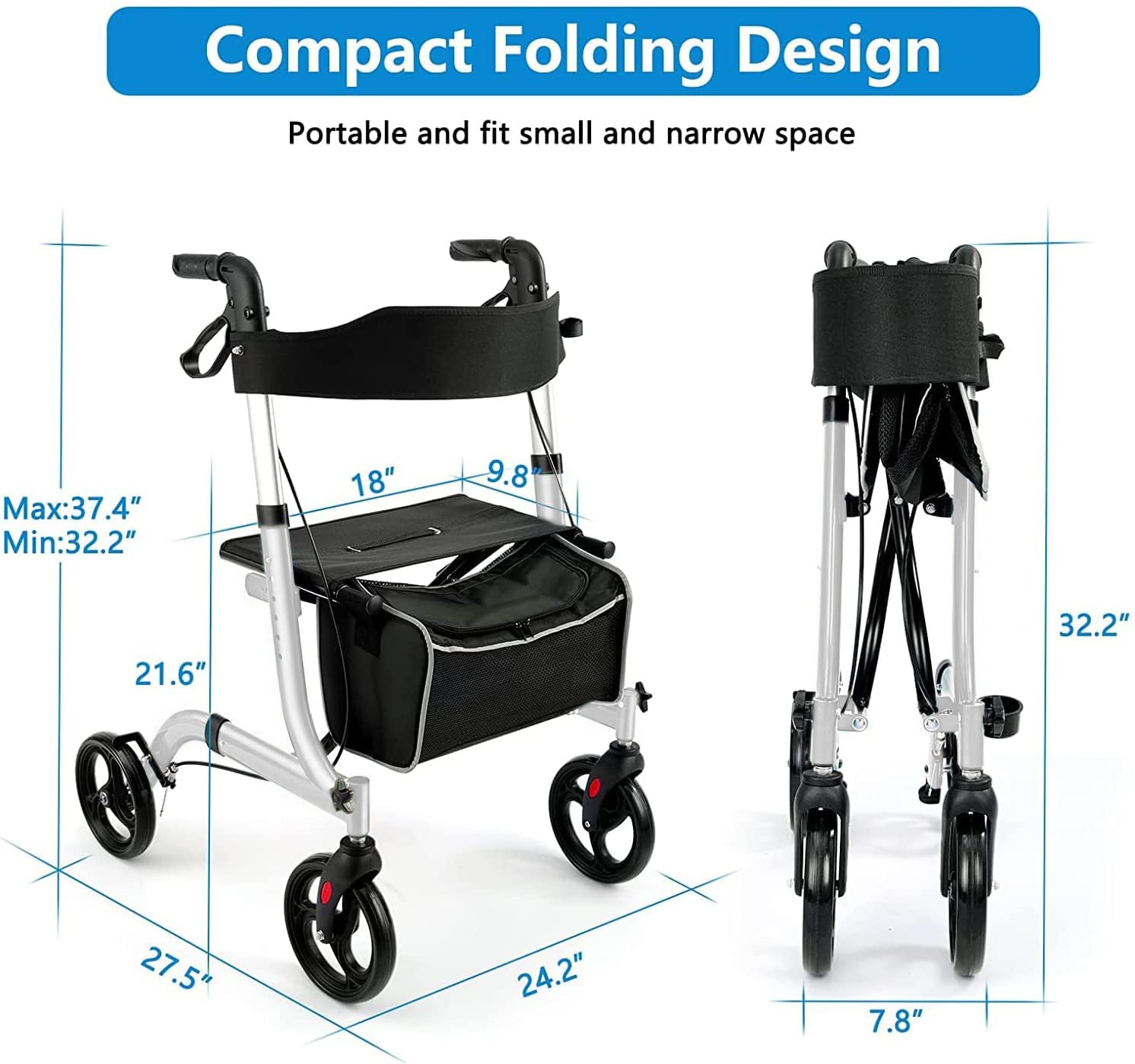 Healconnex Rollator Walkers for Seniors-Folding Rollator Walker with Seat and Four 8-inch Wheels-Medical Rollator，White