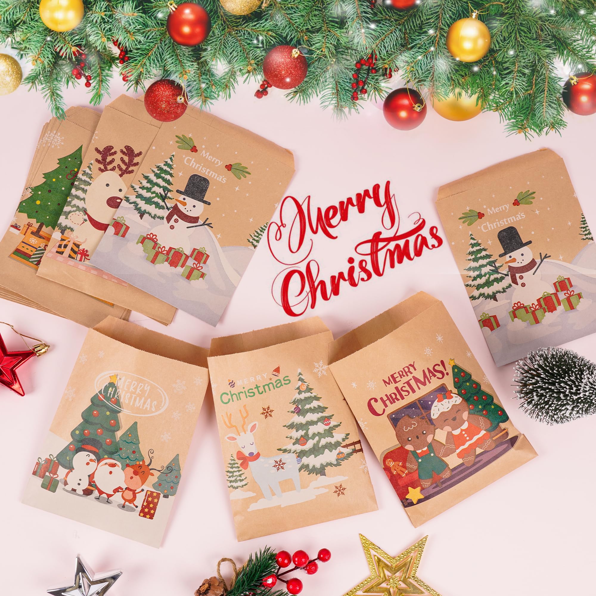 Kolewo4ever 240 Pieces Christmas Kraft Treat Bags Holiday Bags With Xmas Tree Santa Claus, Elk Prints Christmas Goodies Snack Gift Bags Red Green Candy Buffet Paper Bags for Christmas Holiday，6 Styles