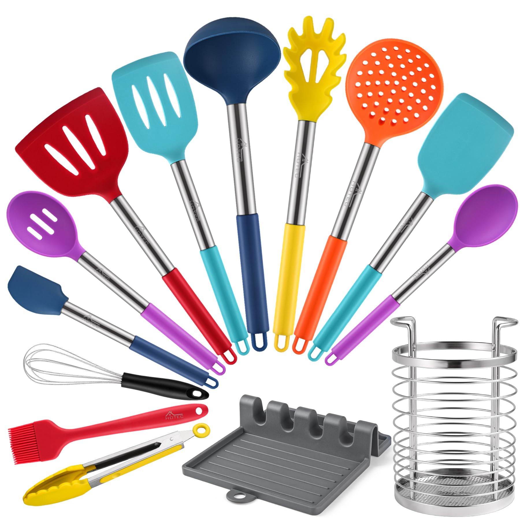 HOTEC Heat Resistant Silicone Kitchen Utensils, Cooking Utensil Set, Spatula Set, BPA Free, Kitchen Gadgets, with Stainless Steel Utensils Holder, Dishwasher Safe, 14pcs Multicolor