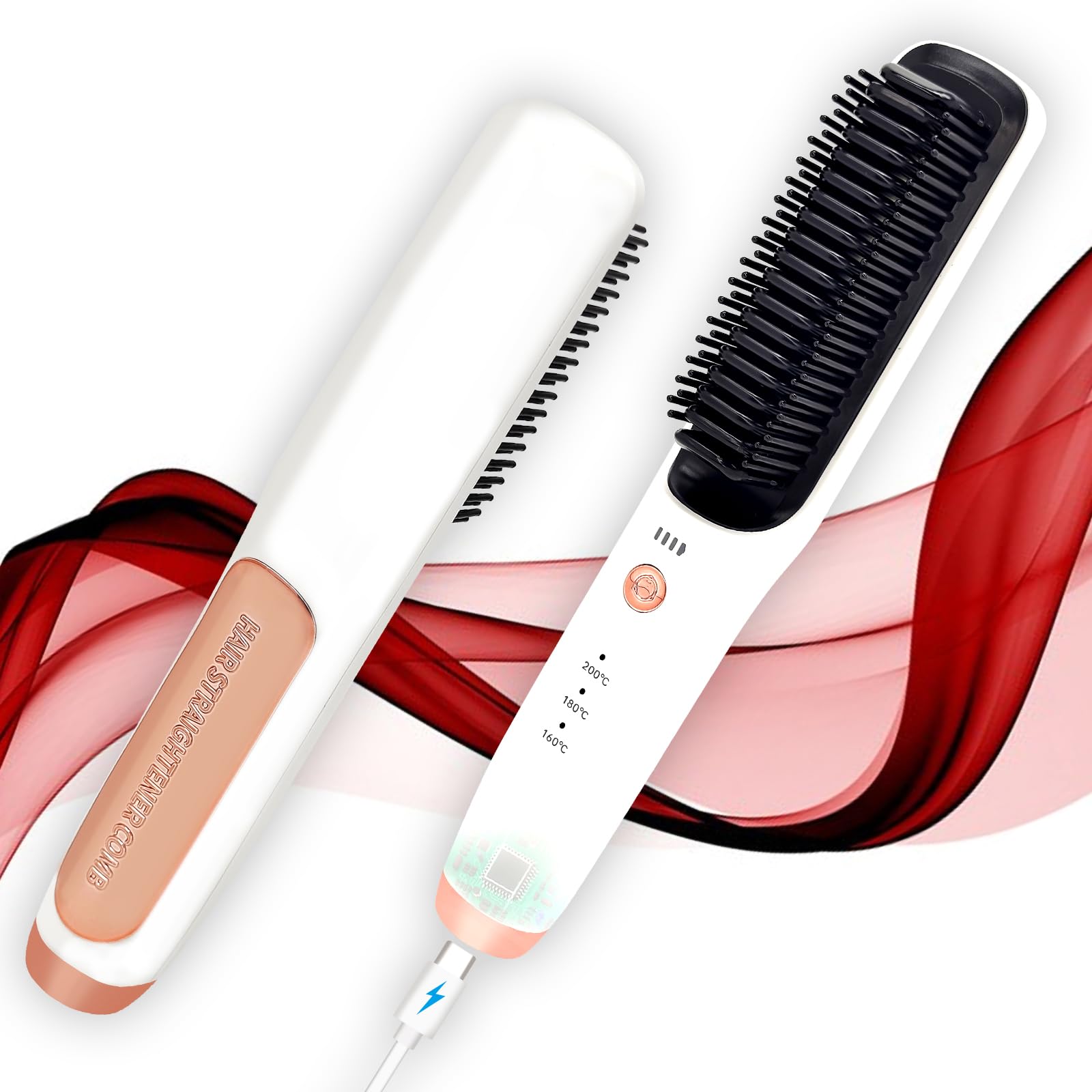 Cordless Hair Straightener Brush, Portable Straightening Brush, Long-Life Battery with USB-C Rechargeable, Anti-Scald, Portable for Travel, Hot Comb Hair Straightener for Women(Bright White)