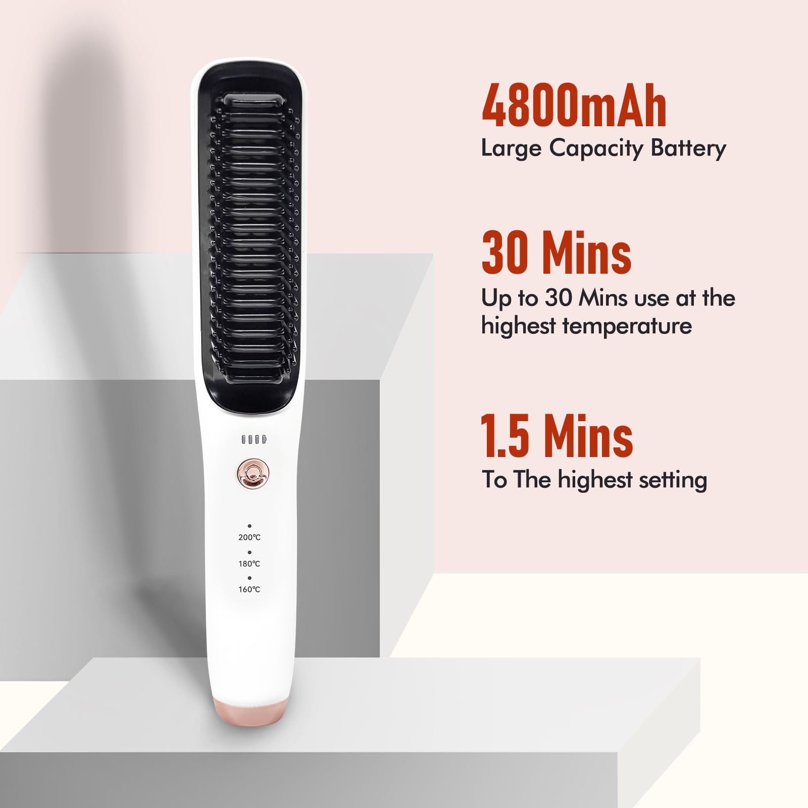 Cordless Hair Straightener Brush, Portable Straightening Brush, Long-Life Battery with USB-C Rechargeable, Anti-Scald, Portable for Travel, Hot Comb Hair Straightener for Women(Bright White)