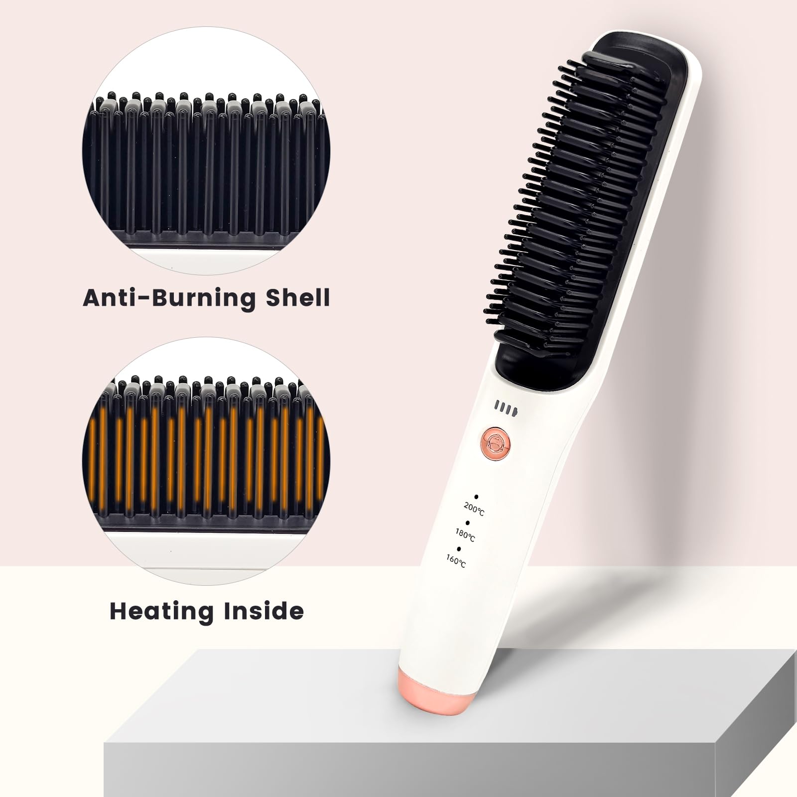 Cordless Hair Straightener Brush, Portable Straightening Brush, Long-Life Battery with USB-C Rechargeable, Anti-Scald, Portable for Travel, Hot Comb Hair Straightener for Women(Bright White)