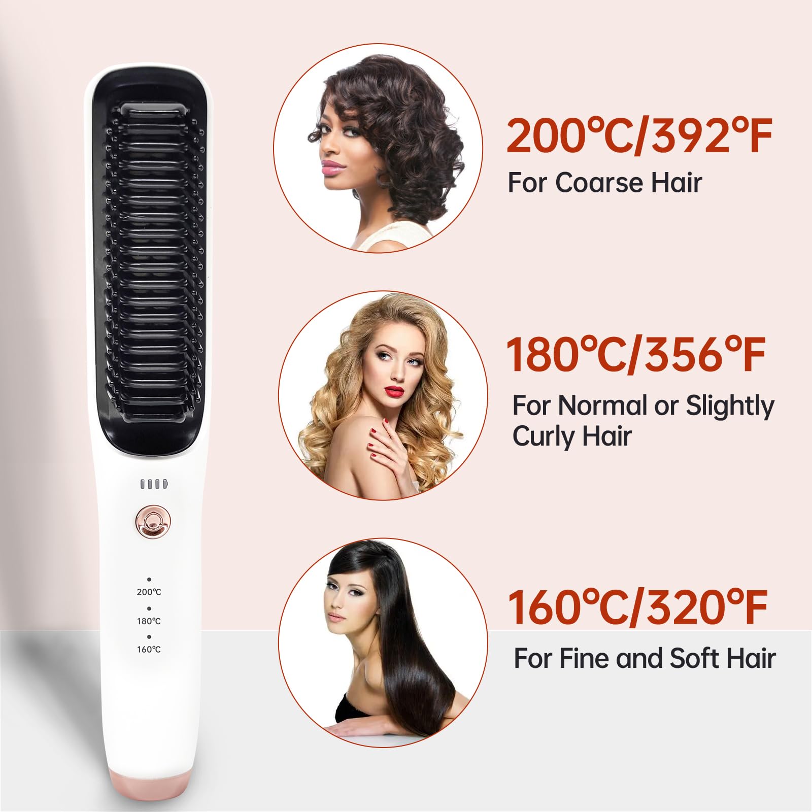 Cordless Hair Straightener Brush, Portable Straightening Brush, Long-Life Battery with USB-C Rechargeable, Anti-Scald, Portable for Travel, Hot Comb Hair Straightener for Women(Bright White)